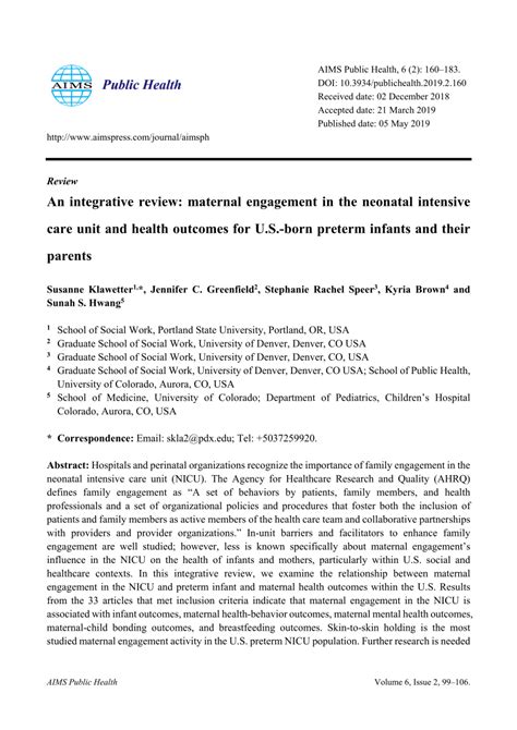 Pdf An Integrative Review Maternal Engagement In The Neonatal