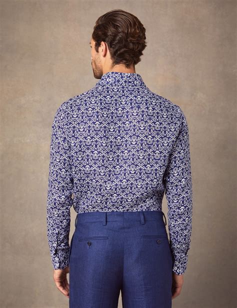 Mens Navy And White Geometric Print Slim Fit Linen Shirt Single Cuff