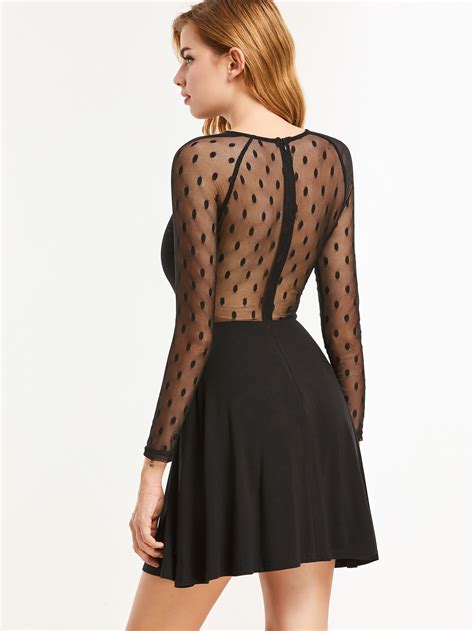 Black Dotted Mesh Sleeve And Back Skater Dress Shein Sheinside