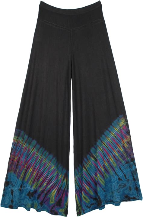 Teal Wave Stretchy Palazzo Pants With Tie Dye Black Split Skirts