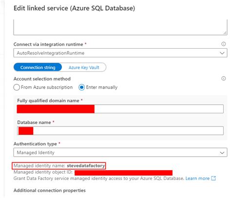 link azure sql database to data factory using managed