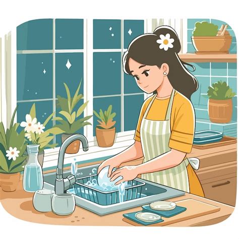 Premium Vector Vector Illustration Of A Mother Washing Dishes