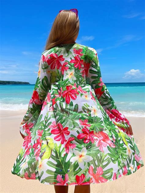 Shein Swim Vcay Tropical Print Push Up Bikini Swimsuit With Kimono