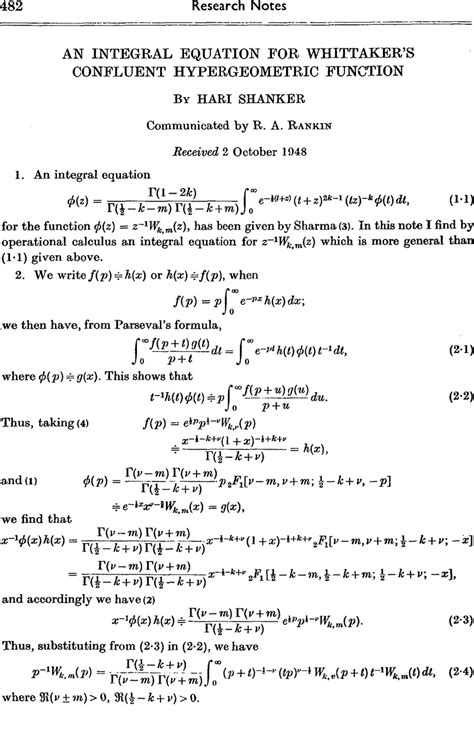 An Integral Equation For Whittakers Confluent Hypergeometric Function