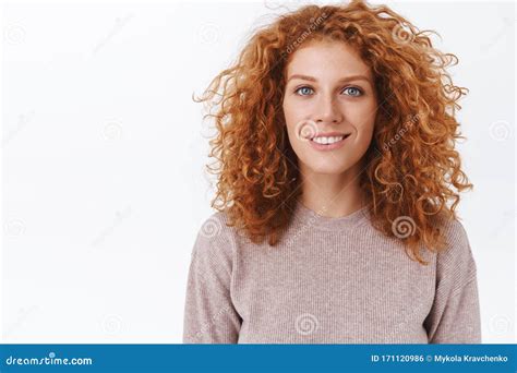Close Up Portrait Attractive Feminine Lovely Redhead Woman With Curly