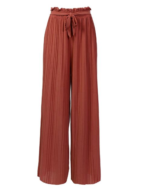 Made By Olivia Womens Ribbon Tie Chiffon Loose Pleated Wide Leg