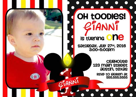 Photo Mickey Mouse 1st – Free Printable Birthday Invitation Templates