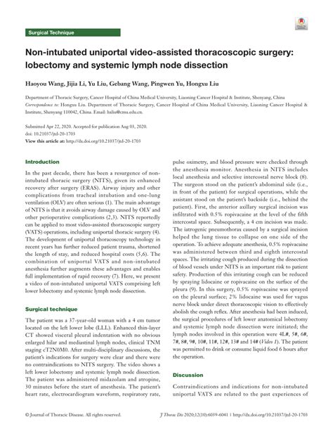 Pdf Non Intubated Uniportal Video Assisted Thoracoscopic Surgery