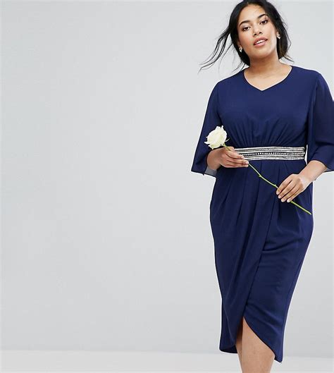 Tfnc Plus Wedding Kimono Sleeve Midi Dress With Wrap Skirt Navy Asos