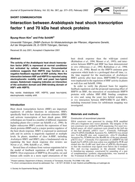 Pdf Interaction Between Arabidopsis Heat Shock Transcription Factor 1