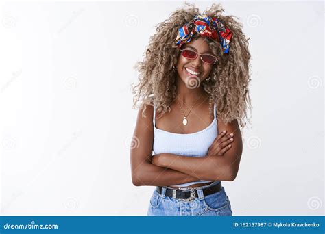 Cheerful Fashionable Attractive African American Blond Woman With Afro