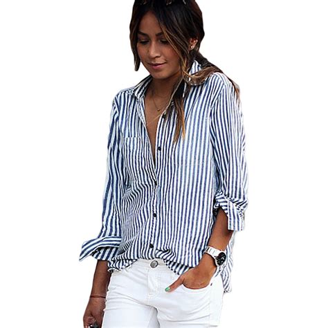2017 Women Spring Long Sleeve Loose Vertical Striped Shirt Fashion