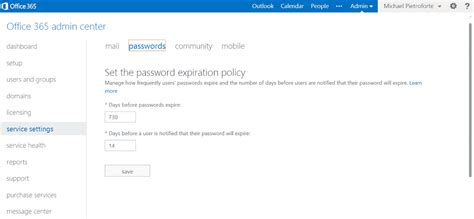 set office 365 password expiration policy to never expire
