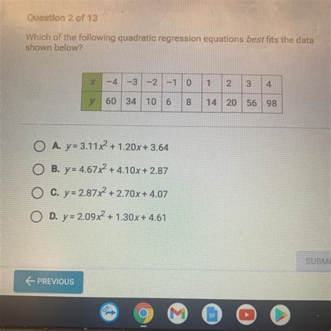 Question 2 Of 13 Which Of The Following Quadratic Regression Equations