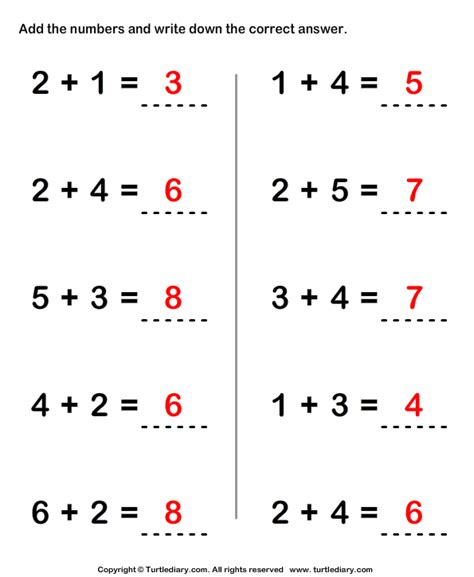 adding two single digit numbers sums to ten worksheet turtle diary