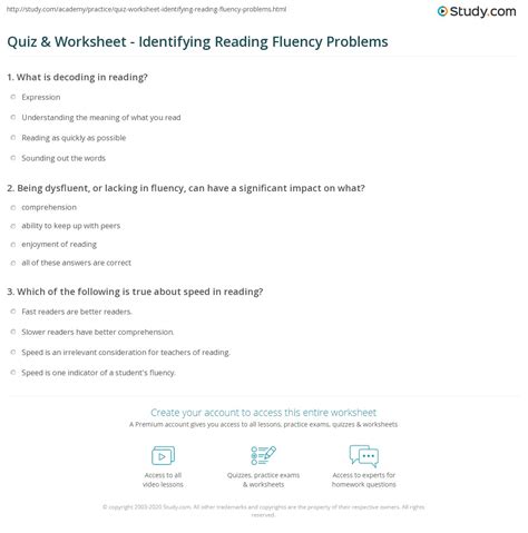 quiz and worksheet identifying reading fluency problems