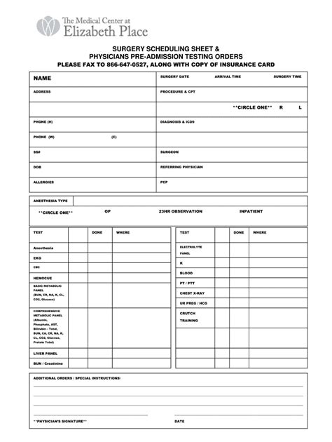 surgery scheduling sheet form fill out and sign printable pdf