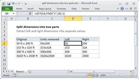 excel formula split dimensions into two parts exceljet