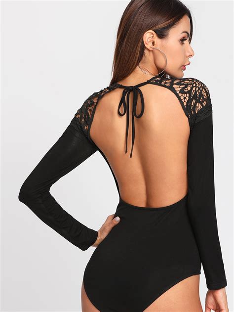 Lace Yoke Open Back Solid Bodysuit Shein Sheinside