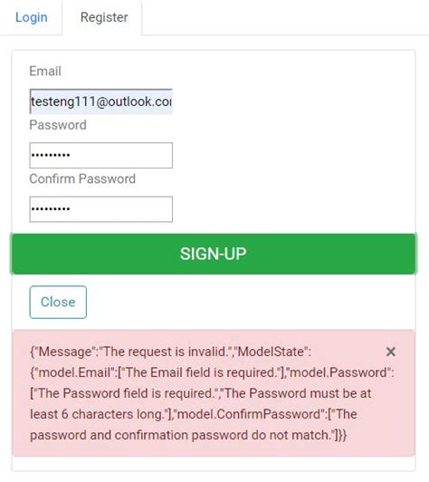 jquery not able to pass ajax post request to register controller in