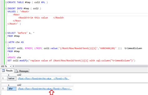 sql server trim a value in an xml column in ms sql server unix