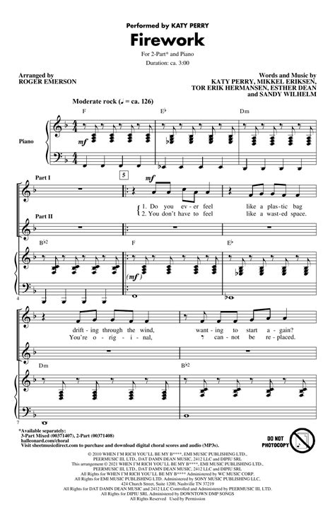 Firework Arr Roger Emerson By Katy Perry Sheet Music For 2 Part