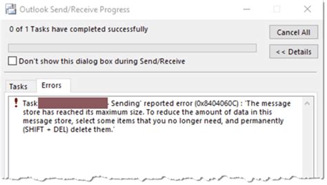 error message archive has reached maximum size