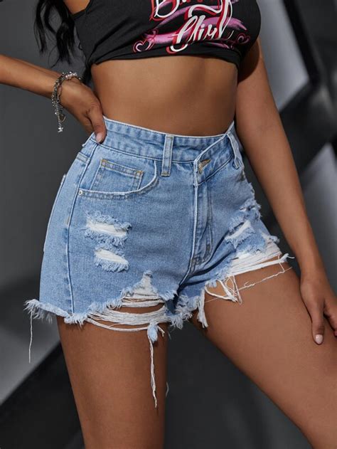 Shein Ripped Raw Hem Denim Shorts Shein Usa
