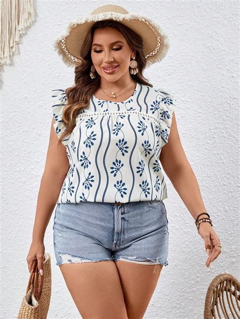 Shein Vcay Plus Floral Print Guipure Lace Insert Ruffle Trim Blouse