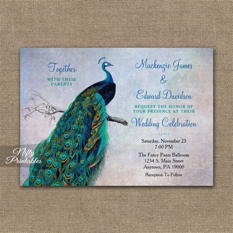 Peacock Wedding Invitations Blue Turquoise Nifty Printables