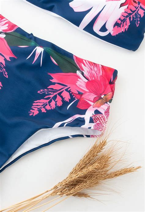 Pinky Floral Ruffle One Shoulder Bikini Set In Navy Retro Indie And