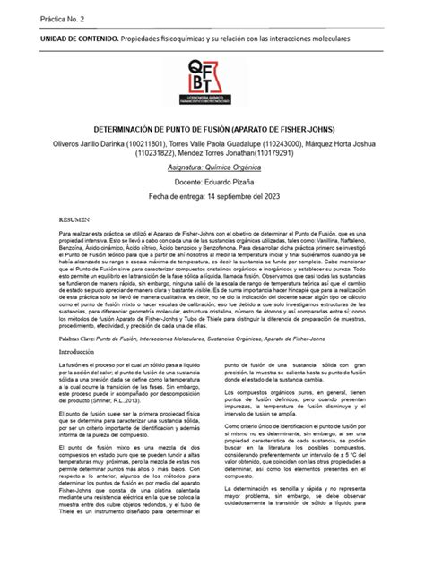 Práctica 2 Y 3 Determinación Del Punto De Fusión Por Métodos