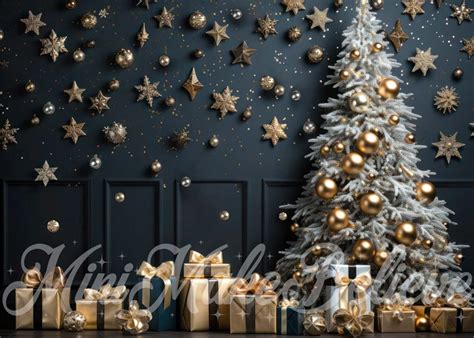 Kate Christmas Tree Winter Backdrop Navy Wall Gold Ornaments For