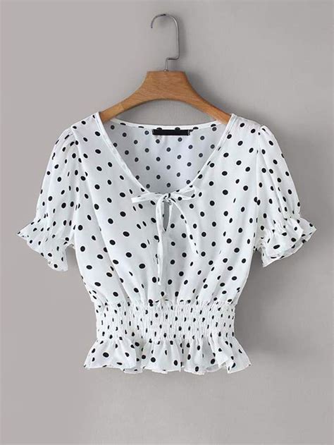 Tie Neck Shirred Polka Dot Blouse Polka Dot Blouse Women Shirts