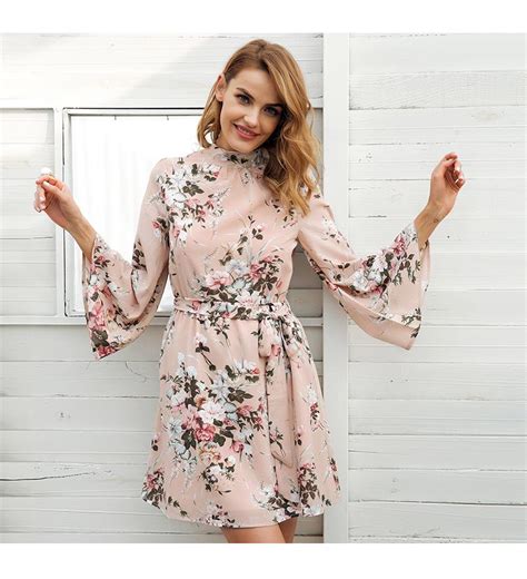 Backless Floral Print Chiffon Flared Sleeve Short Summer Dress Floral