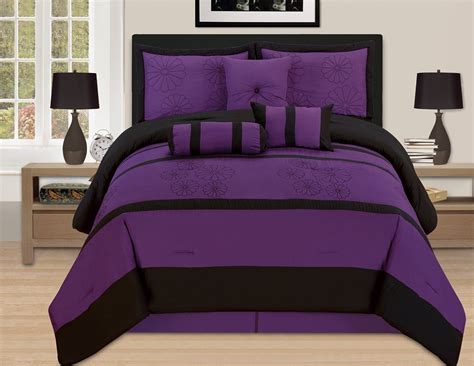 7 Pieces Luxury Embroidery King Comforter Set Purple Bed