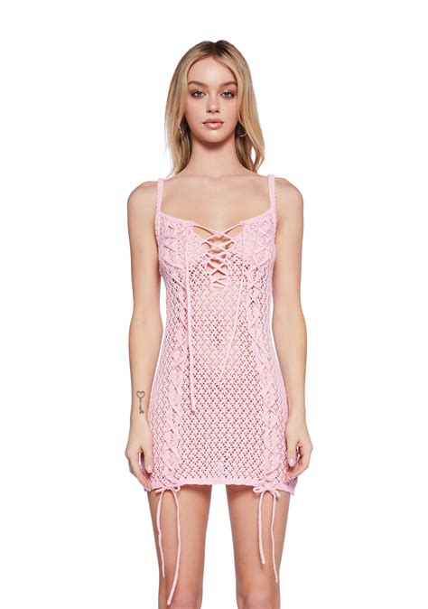 Sugar Thrillz Sheer Crochet Bodycon Festival Mini Dress Pink Dolls Kill