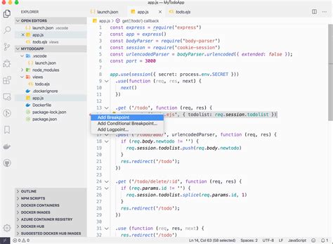 debug a node js application running in a docker container