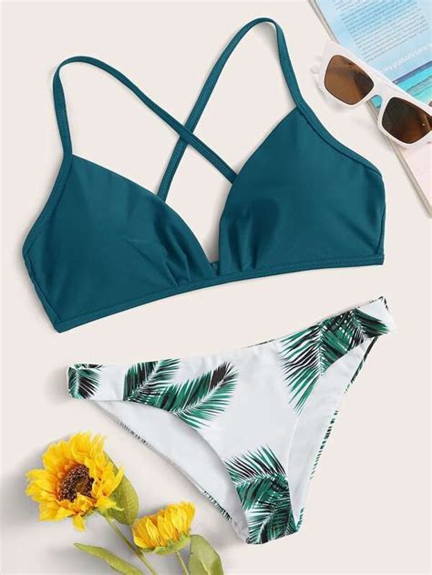 Palm Print Criss Cross Bikini Swimsuit Romwe In 2020 Bikinis