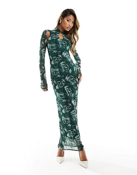 Asos Design Long Sleeve Cut Out Neck Detail Midi Dress In Green Rose