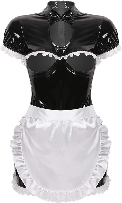 Tssoe Womens Pvc Leather French Maid Bodycon Mini Dress