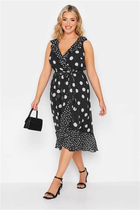 Yours London Curve Plus Size Black Polka Dot Print Double Ruffle Wrap