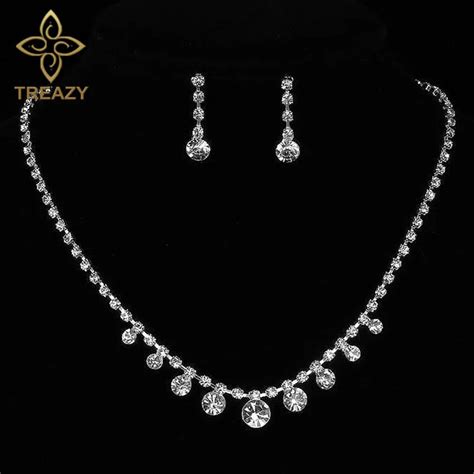 Treazy Women Elegant Crystal Drop Necklace Earrings Set Sparkling
