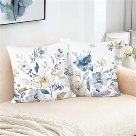Bonhause Blue Floral Throw Pillow Covers 18 X 18 Inch