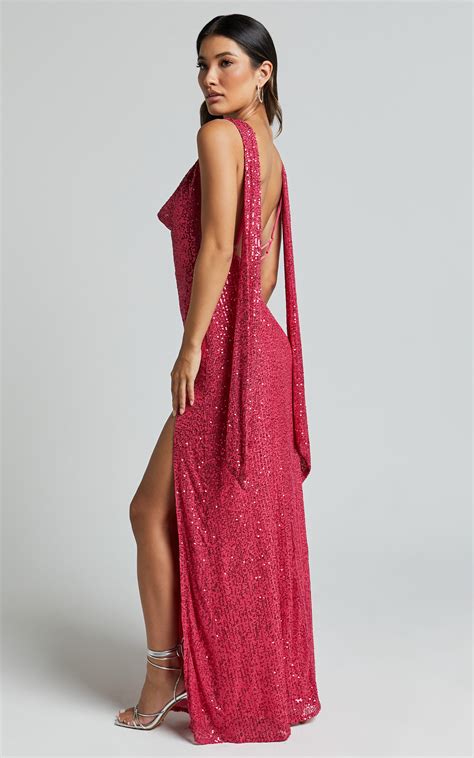 Malisha Maxi Dress Sequin Cowl Neck Backless Dress In Pink Showpo Usa