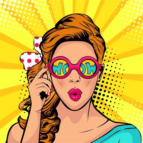 Pop Art Surprised Female Face Comic Woman In Glasses With Wow Speech