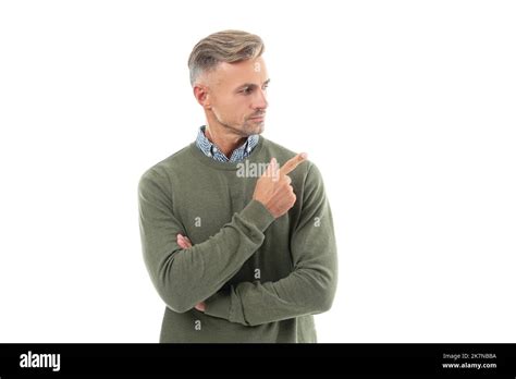 Mature Grizzled Guy With Stubble Pointing Finger Isolated On White