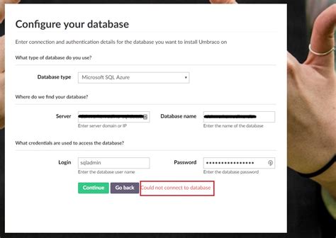 umbraco first time install cannot connect to azure sql database using