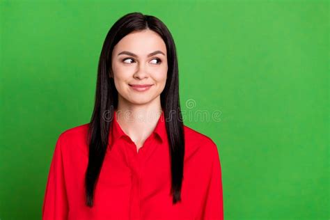Photo Of Friendly Brunette Young Lady Look Empty Space Wear Red Shirt