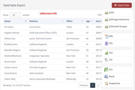 export html table to excel csv json pdf png using